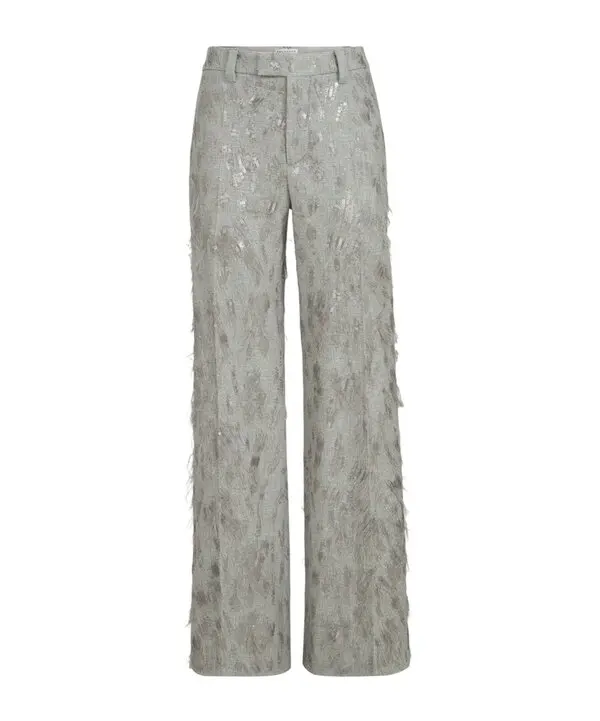 Brunello Cucinelli Virgin Wool And Cashmere Twill Flannel Loose Flared Trousers With Dazzling Lynx Embroidery - Grey