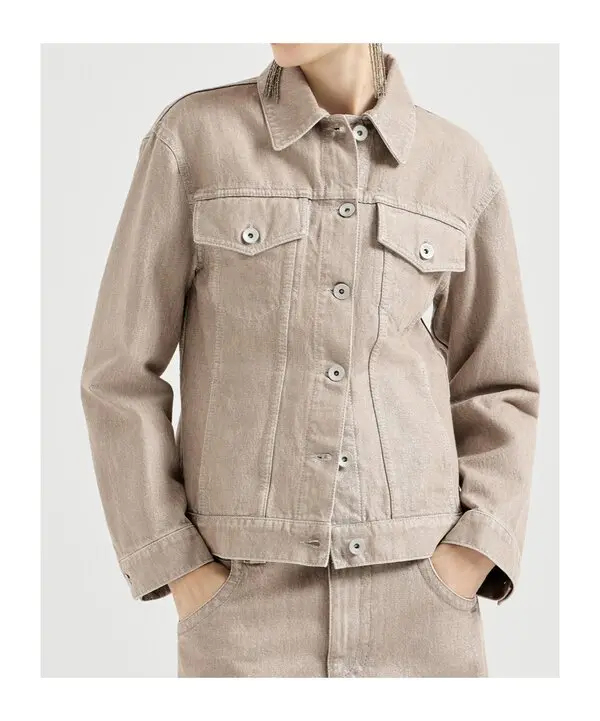 Brunello Cucinelli Beige Lamé Denim Four-pocket Outerwear Jacket With Monili