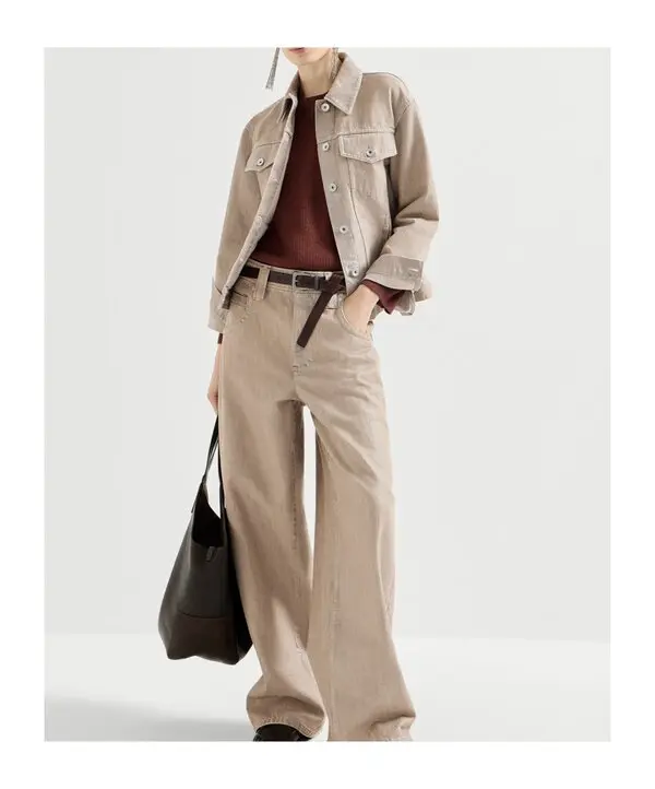 Brunello Cucinelli Beige Lamé Denim Four-pocket Outerwear Jacket With Monili