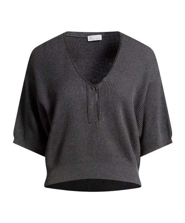 Brunello Cucinelli Lightgrey Vneck Shortsleeve Knit Sweater