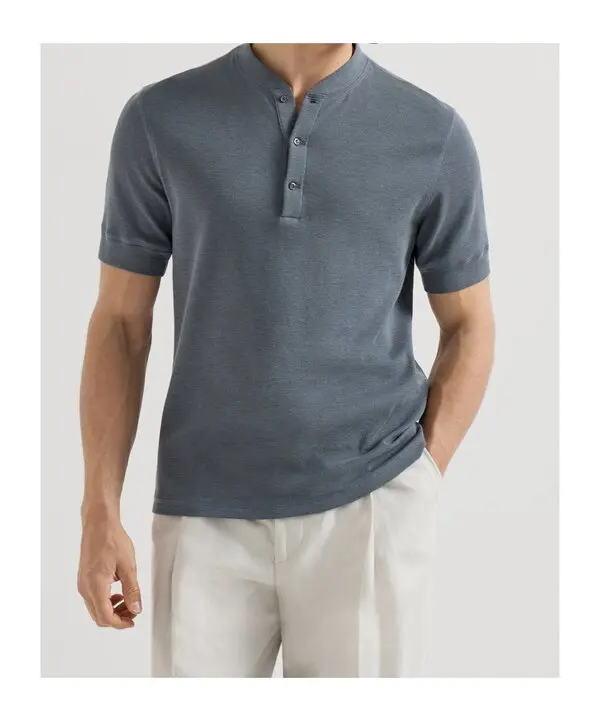 Brunello Cucinelli Cotton Waffle Jersey T-shirt With Henley Collar - Gray