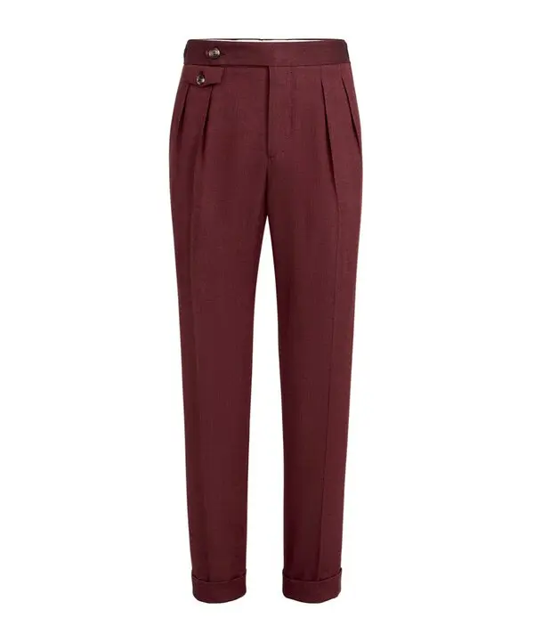 Brunello Cucinelli Linen And Virgin Wool Chevron Trousers With Double Pleats And Waist Tabs - Red