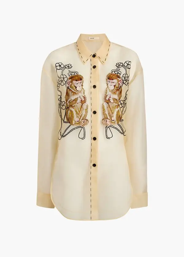 Khaite Goya Silk Organza Monkey Embroidery Top - Champagne