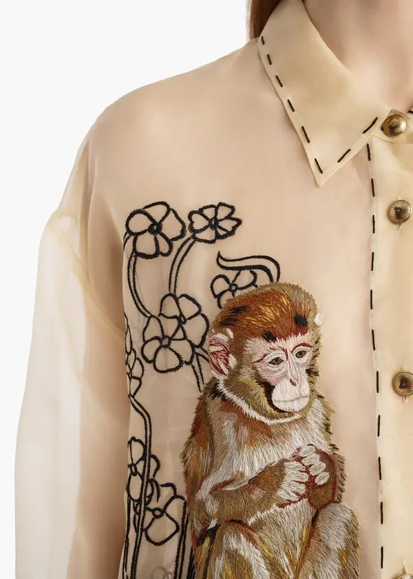 Khaite Goya Silk Organza Monkey Embroidery Top - Champagne
