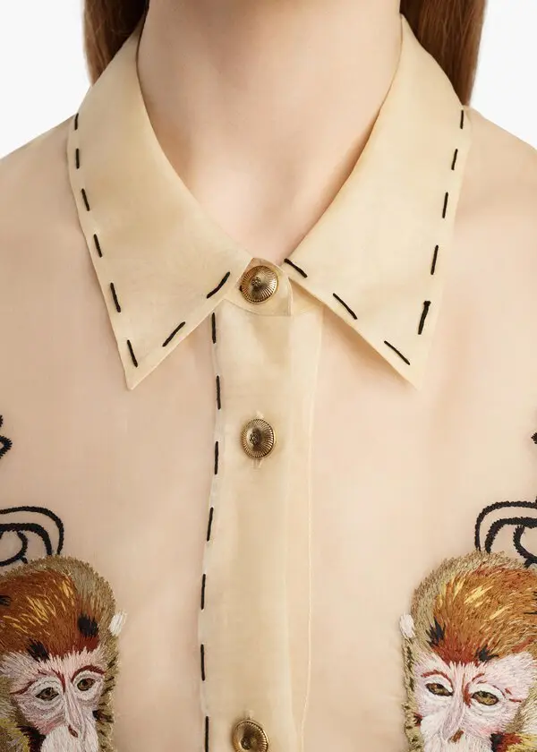 Khaite Goya Silk Organza Monkey Embroidery Top - Champagne