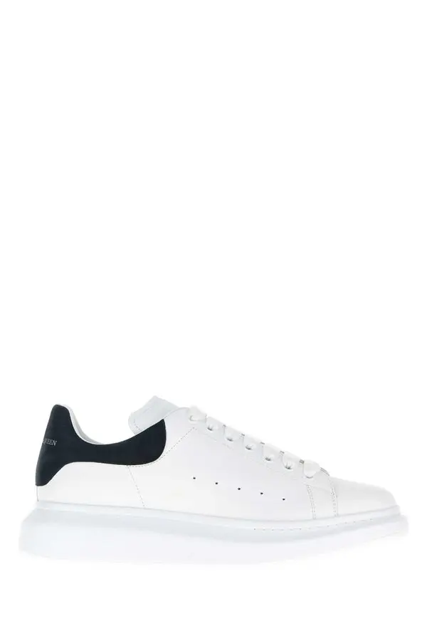 Alexander McQueen Leather Sneakers With Dark Blue Suede Heel - White