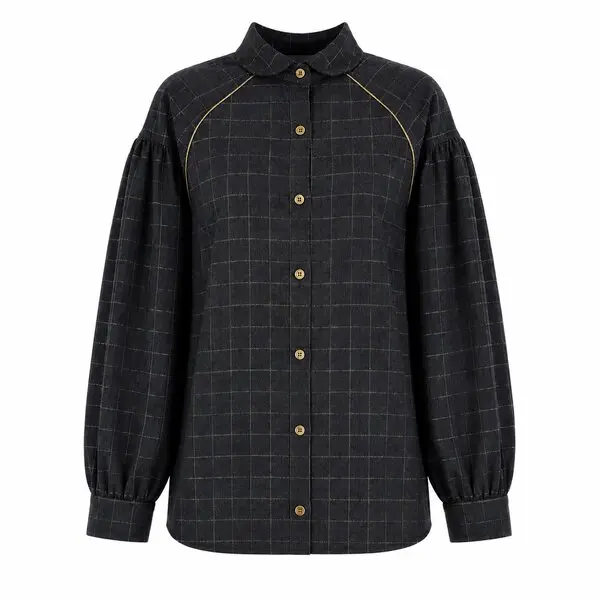 SVETLANA K Clara Blouse Cotton Flannel Checked In Charcoal - Grey