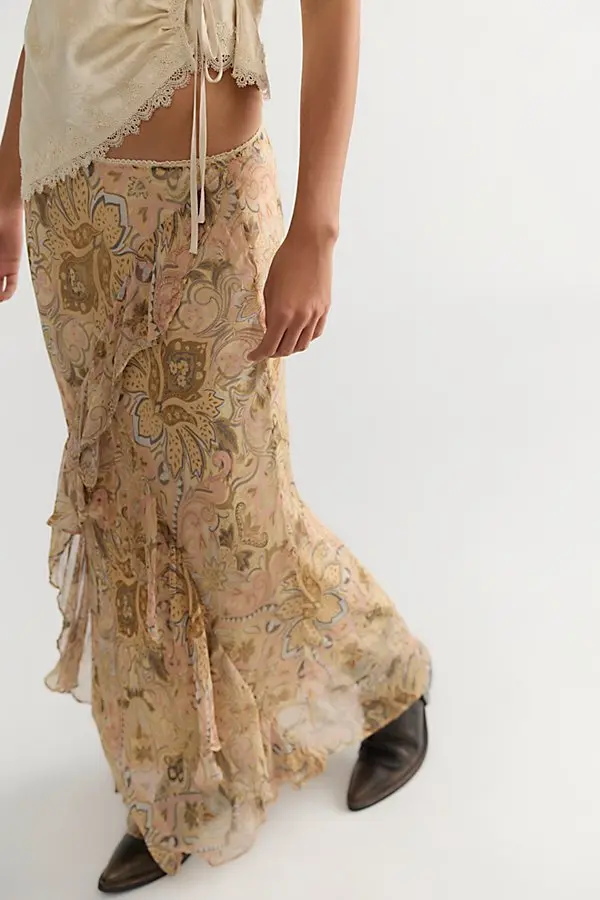SPELL Damask Ruffle Midi Skirt
