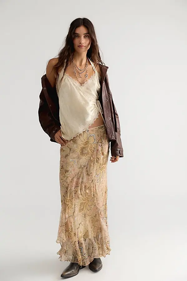 SPELL Damask Ruffle Midi Skirt