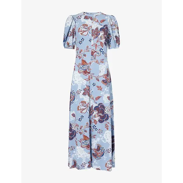ME+EM Paisley-print Puff-sleeve Crepe-jersey Cotton Maxi Dress - Blue Multi