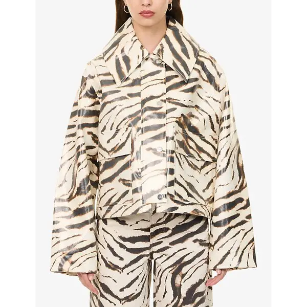 GANNI Laminated Zebra-pattern Cotton-blend Jacket