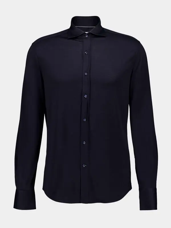 Brunello Cucinelli Dark Silk-cotton Spread Collar Shirt - Blue