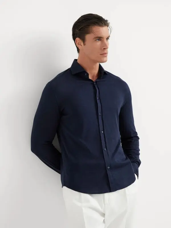 Brunello Cucinelli Dark Silk-cotton Spread Collar Shirt - Blue