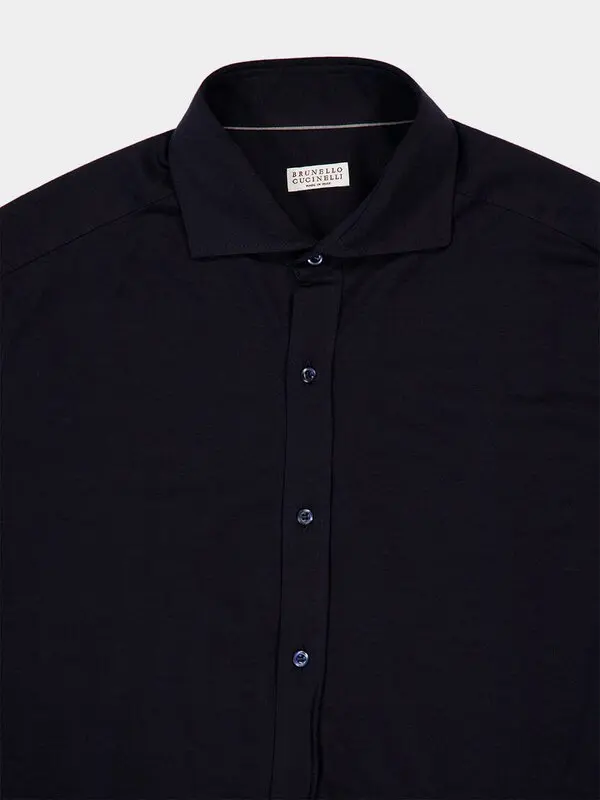 Brunello Cucinelli Dark Silk-cotton Spread Collar Shirt - Blue
