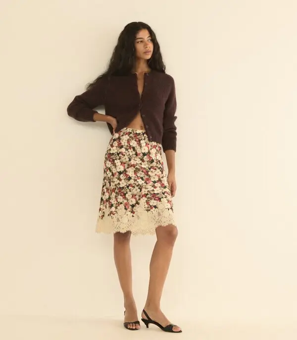 DÔEN Elowette Silk Satin Floral Lace Midi Skirt - Wildflower Bramble
