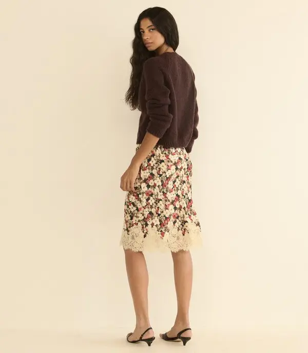 DÔEN Elowette Silk Satin Floral Lace Midi Skirt - Wildflower Bramble