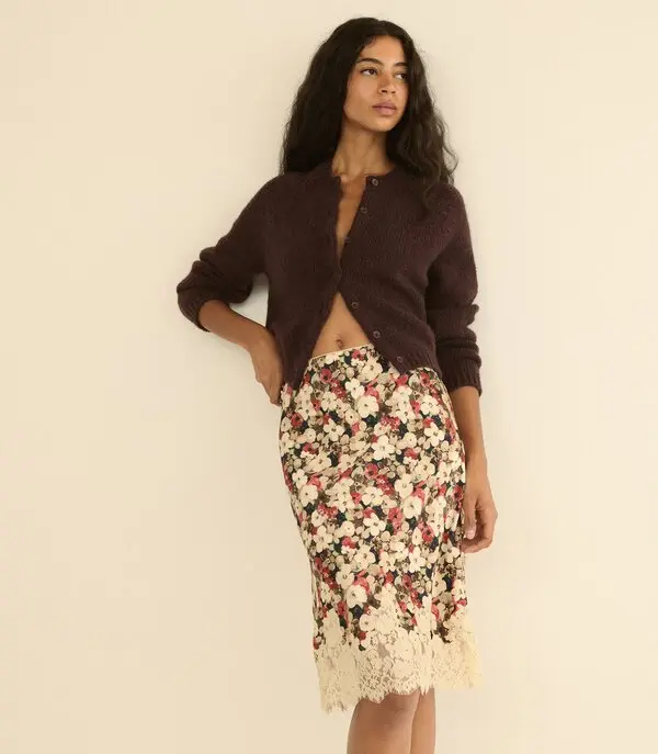 DÔEN Elowette Silk Satin Floral Lace Midi Skirt - Wildflower Bramble