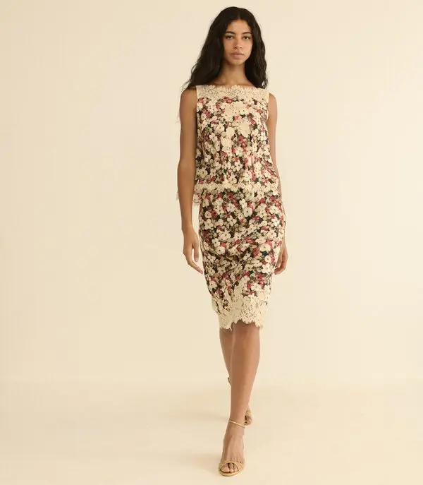 DÔEN Elowette Silk Satin Floral Lace Midi Skirt - Wildflower Bramble
