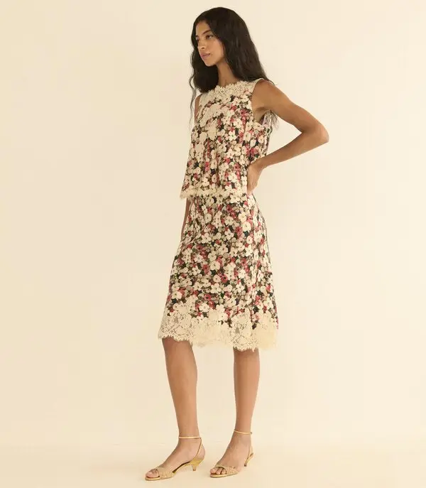 DÔEN Elowette Silk Satin Floral Lace Midi Skirt - Wildflower Bramble