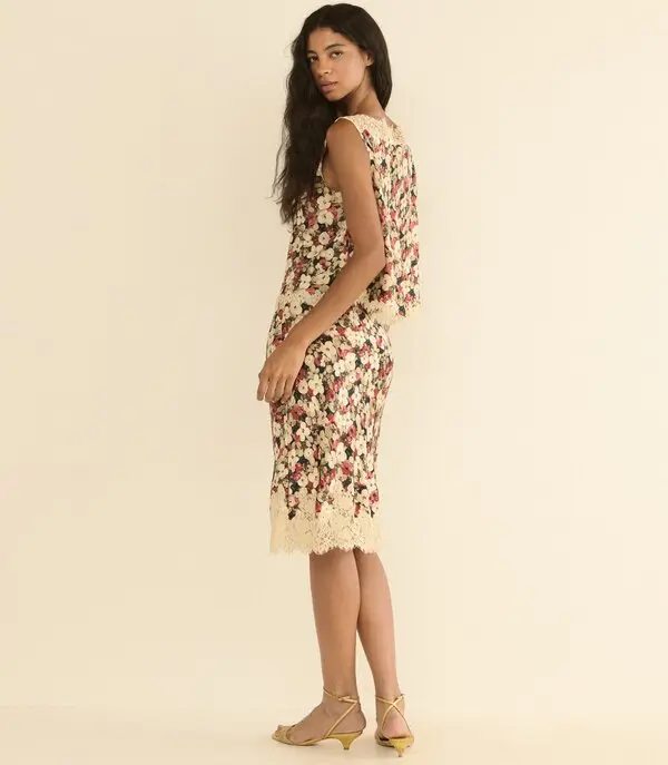 DÔEN Elowette Silk Satin Floral Lace Midi Skirt - Wildflower Bramble