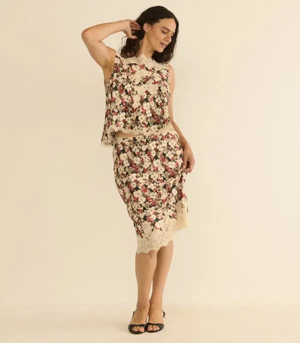 DÔEN Elowette Silk Satin Floral Lace Midi Skirt - Wildflower Bramble
