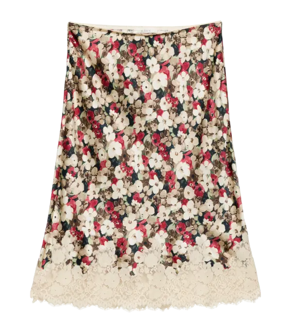 DÔEN Elowette Silk Satin Floral Lace Midi Skirt - Wildflower Bramble