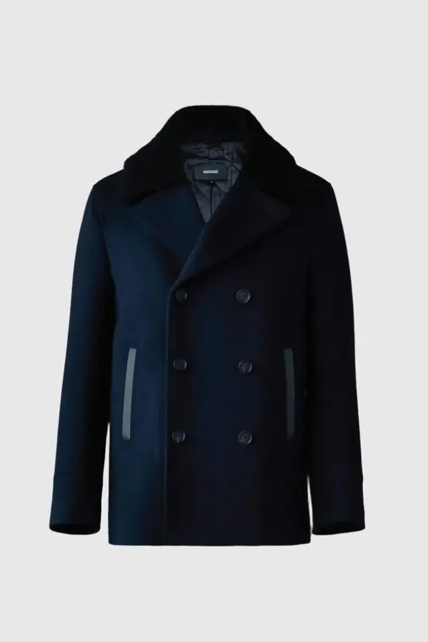 Mackage Cole-z Wool Double-breasted Jacket With Shearling Collar - Navy