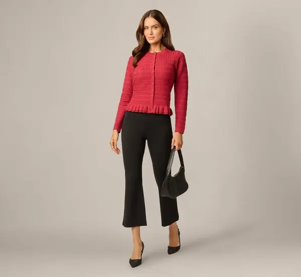 Adrianna Papell Long Sleeve Textured Ruffle Hem Cardigan Sweater - Garnet