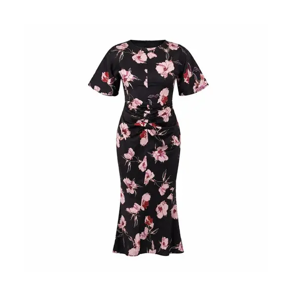 GIRL IN MIND Cleo Ruched Detail Midi Dress In Oriental Floral - Black