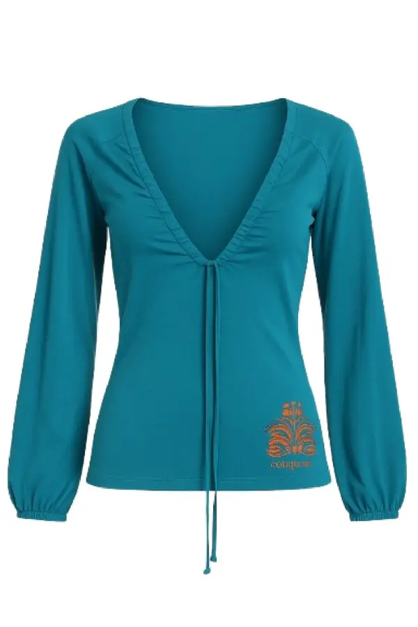 CONQUISTA Deep V-neck Teal Top With Front Tie & Embroidered Detail - Blue