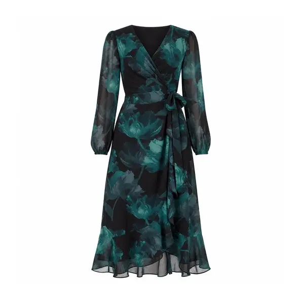 YUMI Floral Dipped Hem Wrap Midi Dress - Black