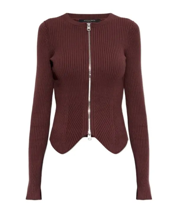 ALLSAINTS Ribbed Long Sleeve Zip Knit - Dark Brown