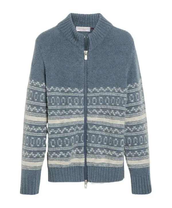 Brunello Cucinelli Alpaca, Cashmere And Wool Nordic Jacquard Cardigan With Zip - Blue
