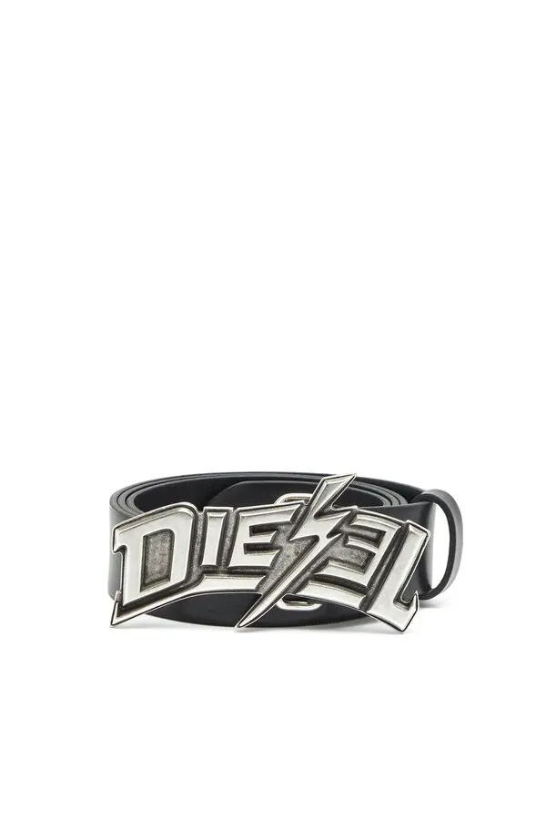 DIESEL® 4cm Leather Belt With Lightning Bolt Buckle