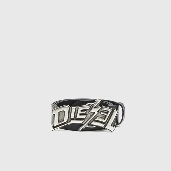 DIESEL® Leather Belt With Lightning Bolt Buckle - Black