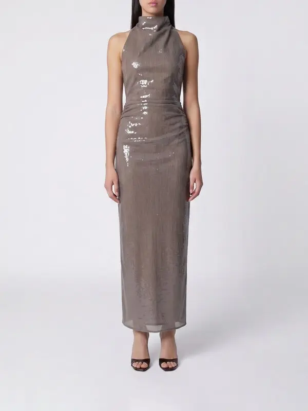 ROTATE BY BIRGER CHRISTENSEN Long Sequin-embellished Sheath Gown With Halter Neck - Mud