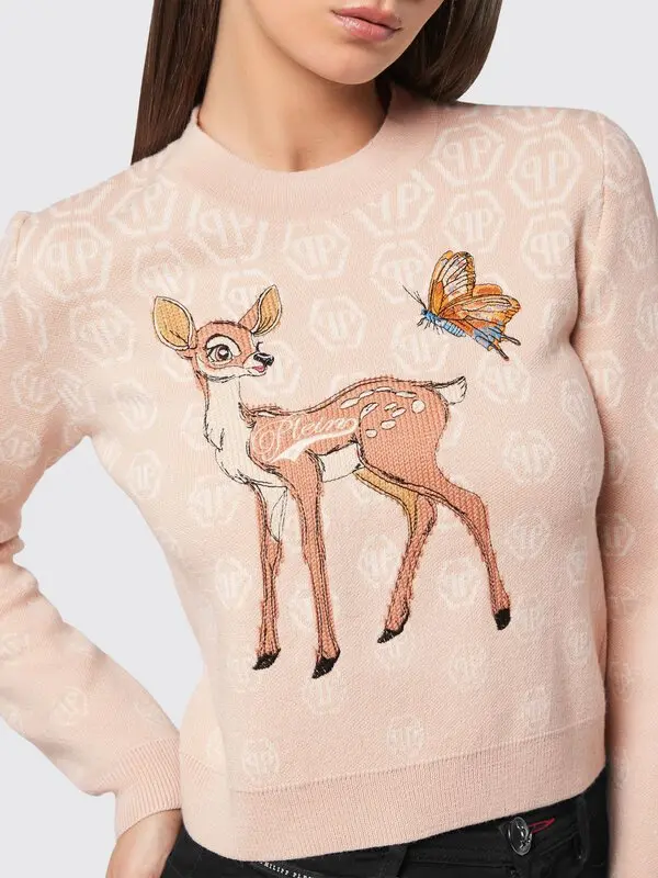 Philipp Plein Cropped Wool Blend Sweater With Monogram And Fauna Print