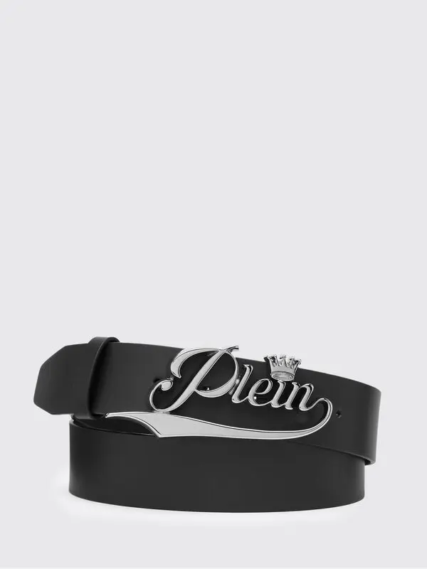 Philipp Plein Calfskin Leather Belt With Metallic Logo Plaque