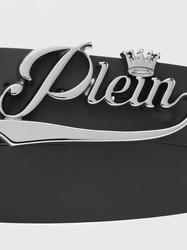 Philipp Plein Calfskin Leather Belt With Metallic Logo Plaque
