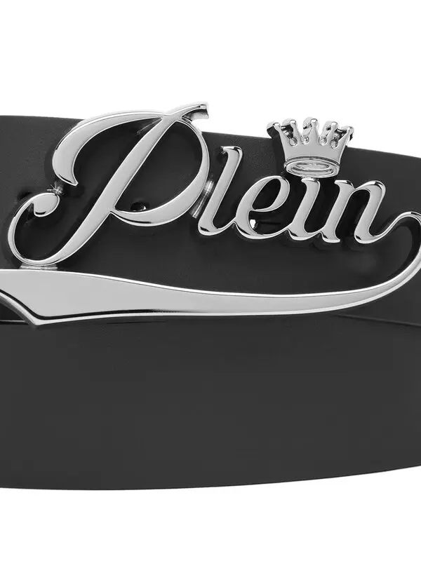 Philipp Plein Calfskin Leather Belt With Metallic Logo Plaque