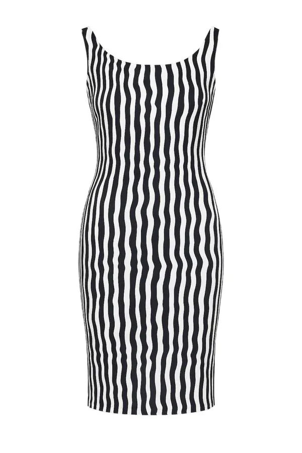 CONQUISTA Dark Navy & White Wavy Stripe Bodycon Dress In Jersey