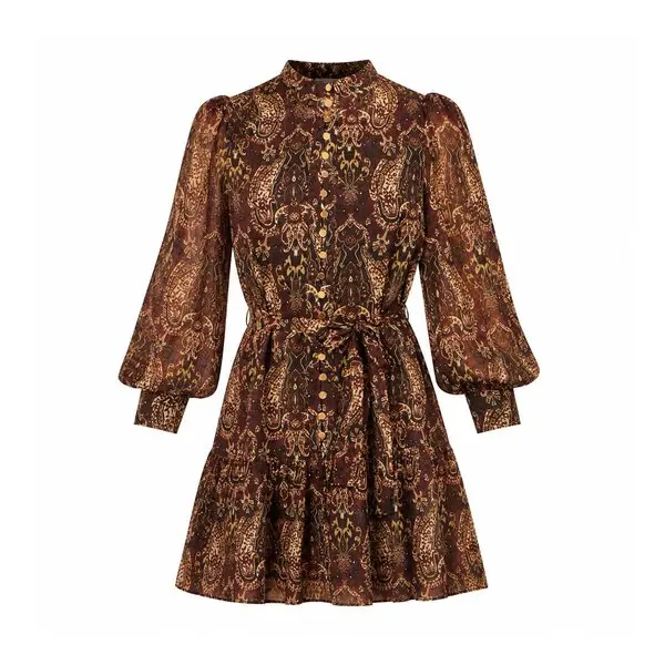 YUMI Paisley Long Sleeve Shirt Dress - Brown
