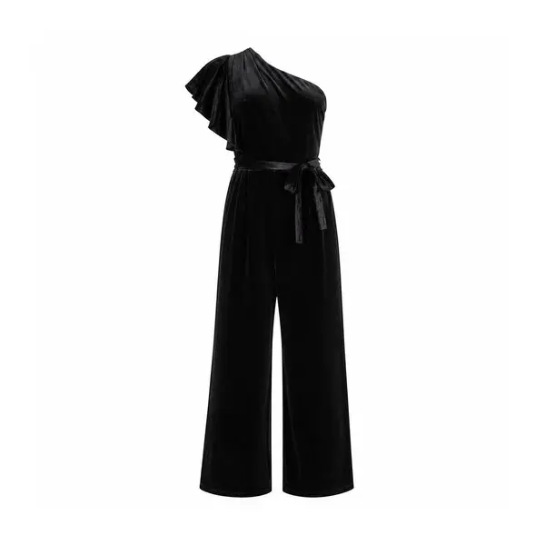 YUMI One Shoulder Velvet Jumpsuit - Black