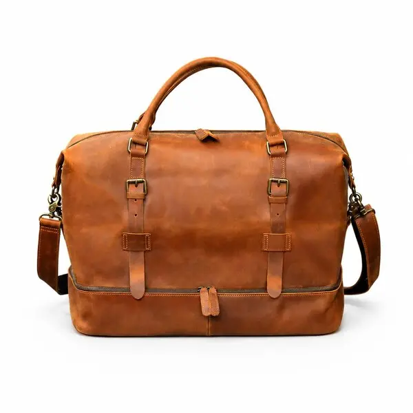 TOURI Genuine Leather Weekender With Outerwear Compartment - Brown