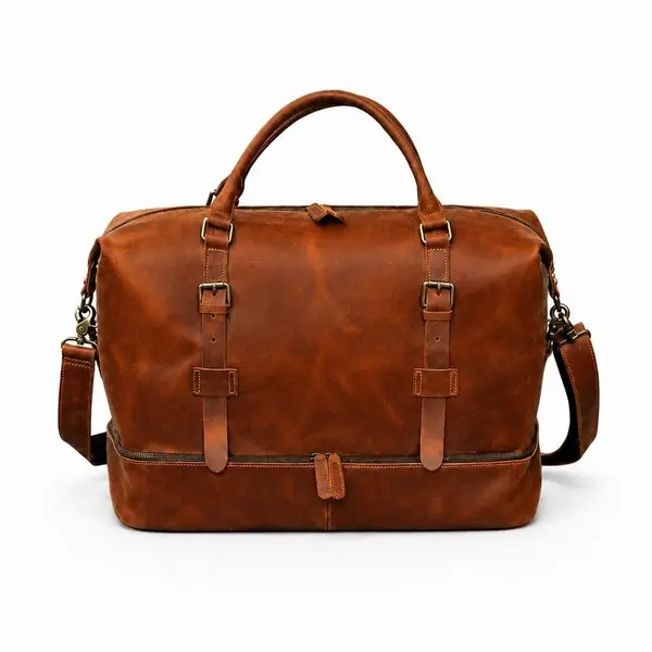 TOURI Genuine Leather Weekender With Outerwear Compartment - Brown