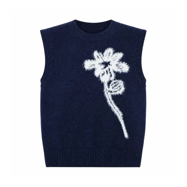 YUMI Navy Knitted Flower Sleeveless Jumper Vest - Blue