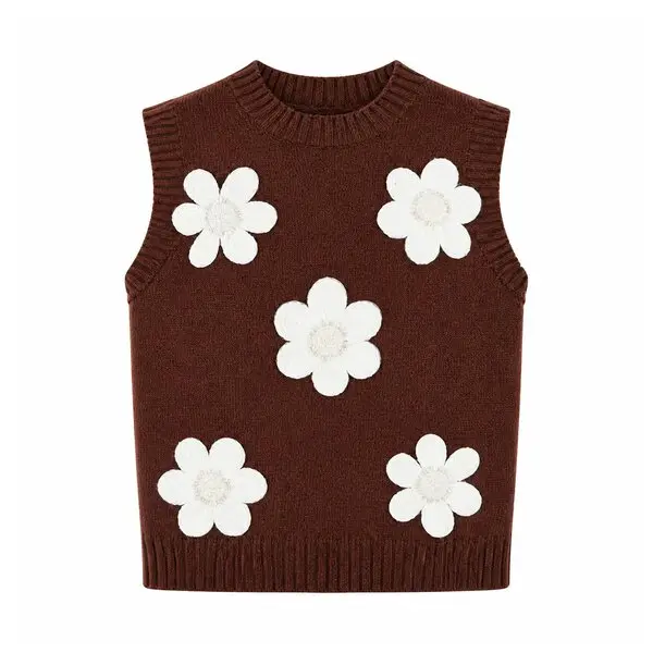 YUMI Flower Applique Knit Tank - Brown