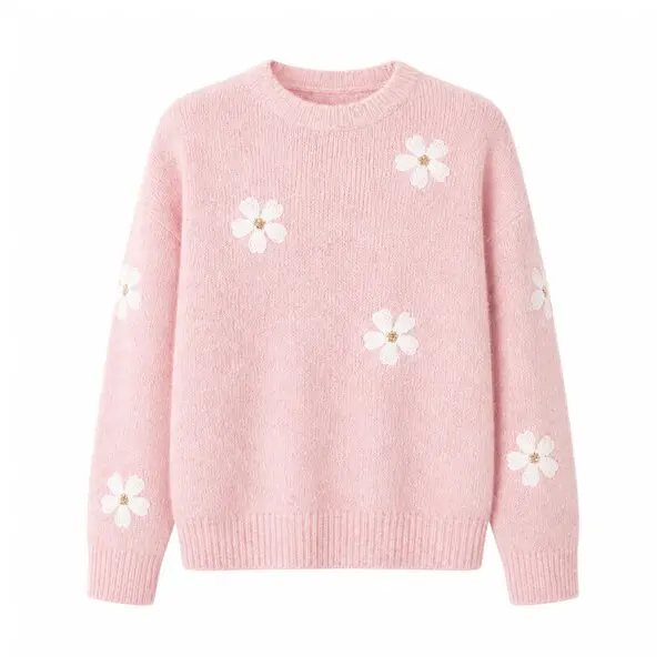 YUMI Relaxed Jumper With Crochet Flowers