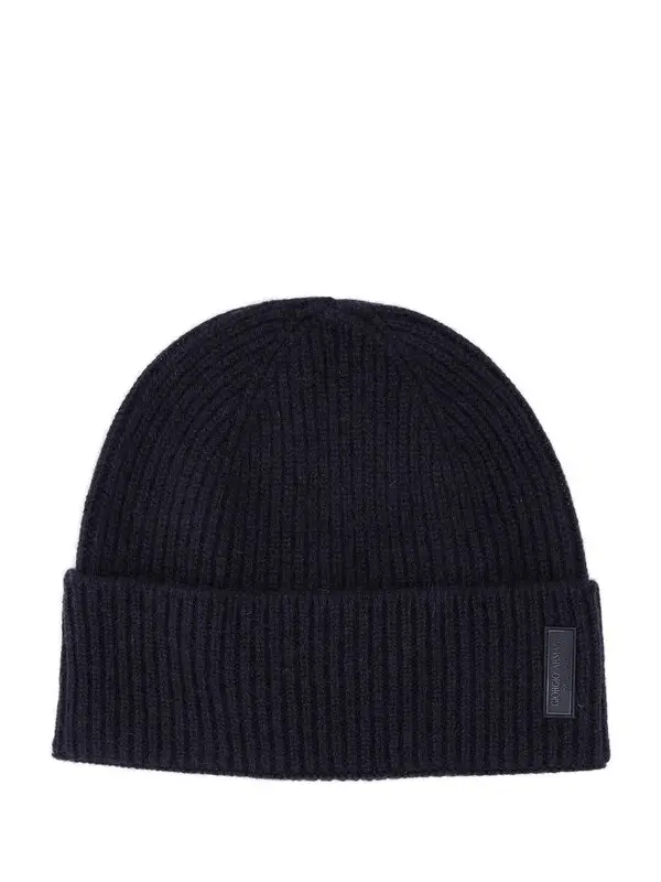 Giorgio Armani Cashmere Beanie Hat With Logo Label - Blue