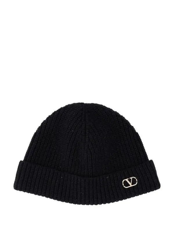 Valentino Garavani Ribbed Cashmere Beanie With Metal Vlogo - Black
